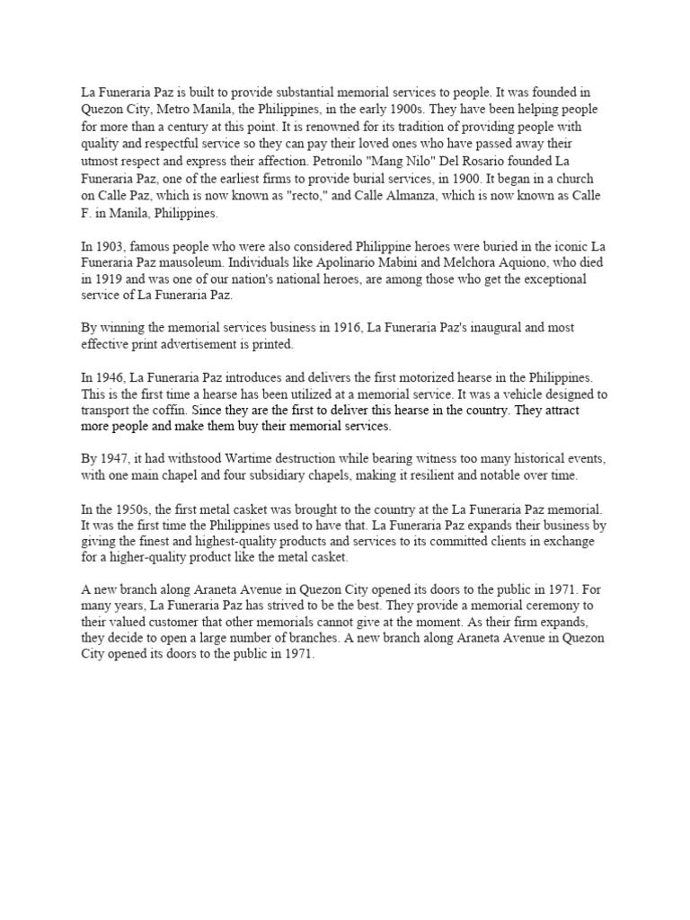 La Funeraria Paz: A Legacy of Service | PDF
