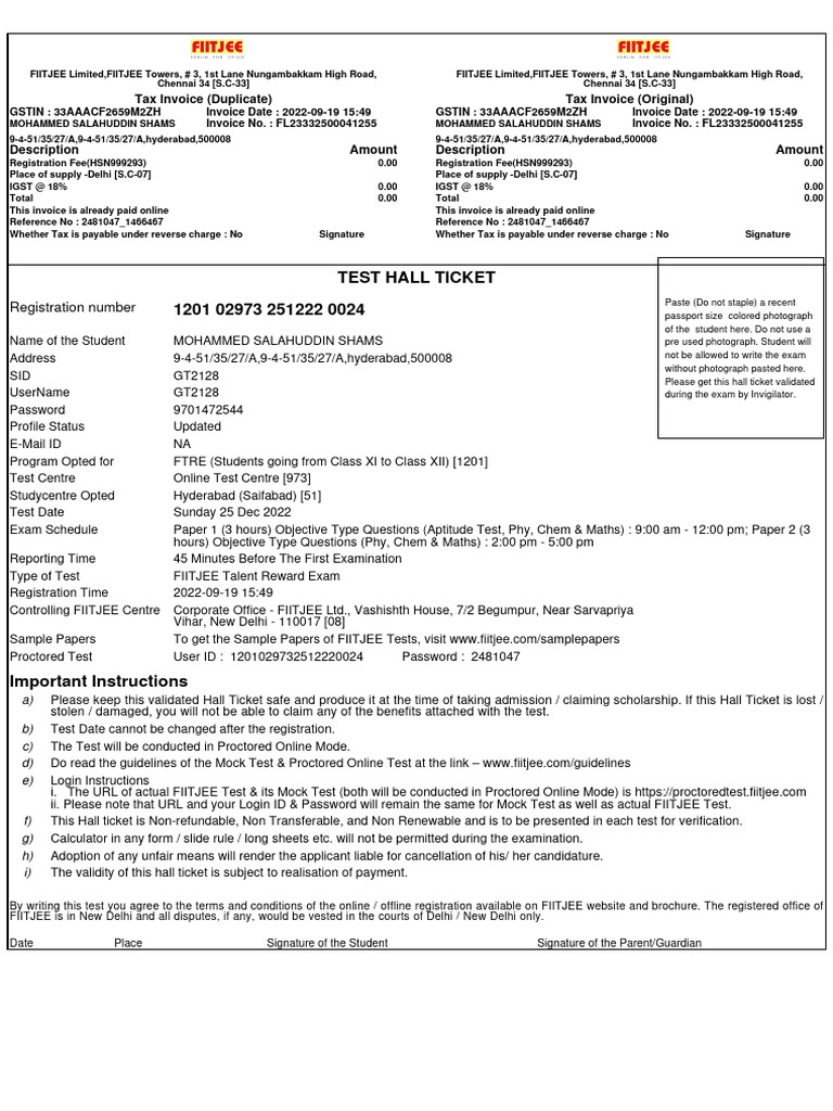 FIITJEE Talent Reward Exam Hall Ticket | PDF