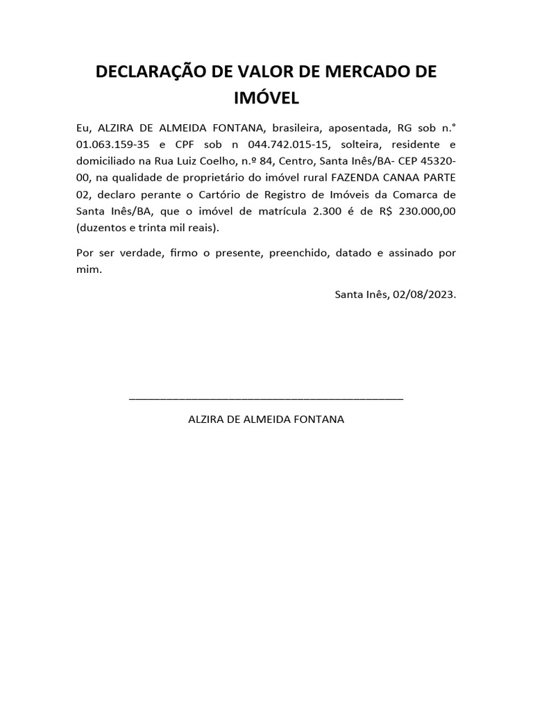 Declara o De Valor De Mercado De Im vel PDF
