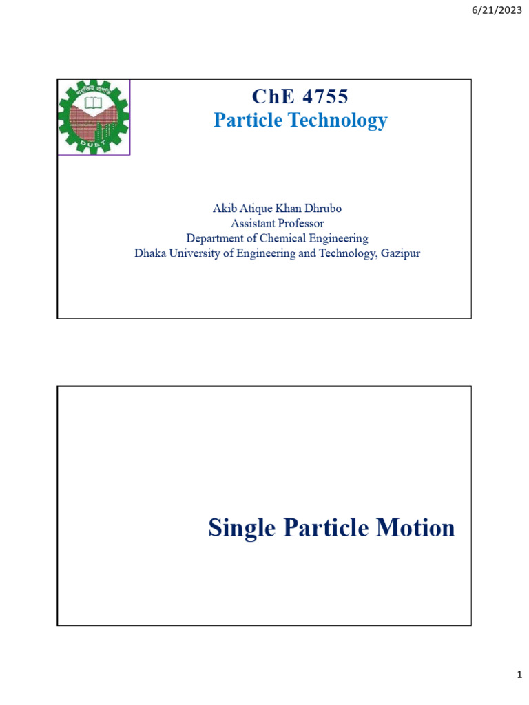 Single Particle Motion | PDF | Drag (Physics) | Fluid Dynamics