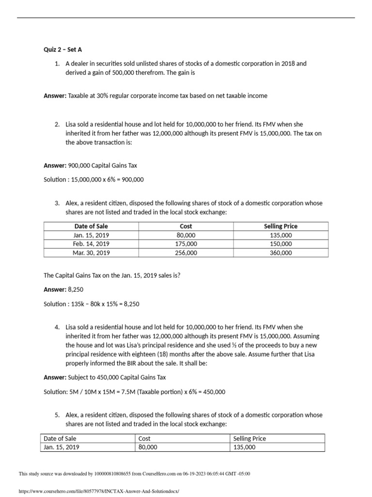 INCTAX Answer and Solution | Download Free PDF | Capital Gains Tax | Stocks