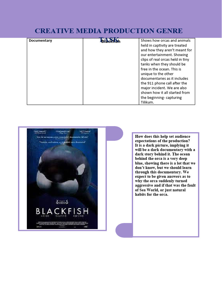 Genre Worksheet Broadcast Blackfish | PDF