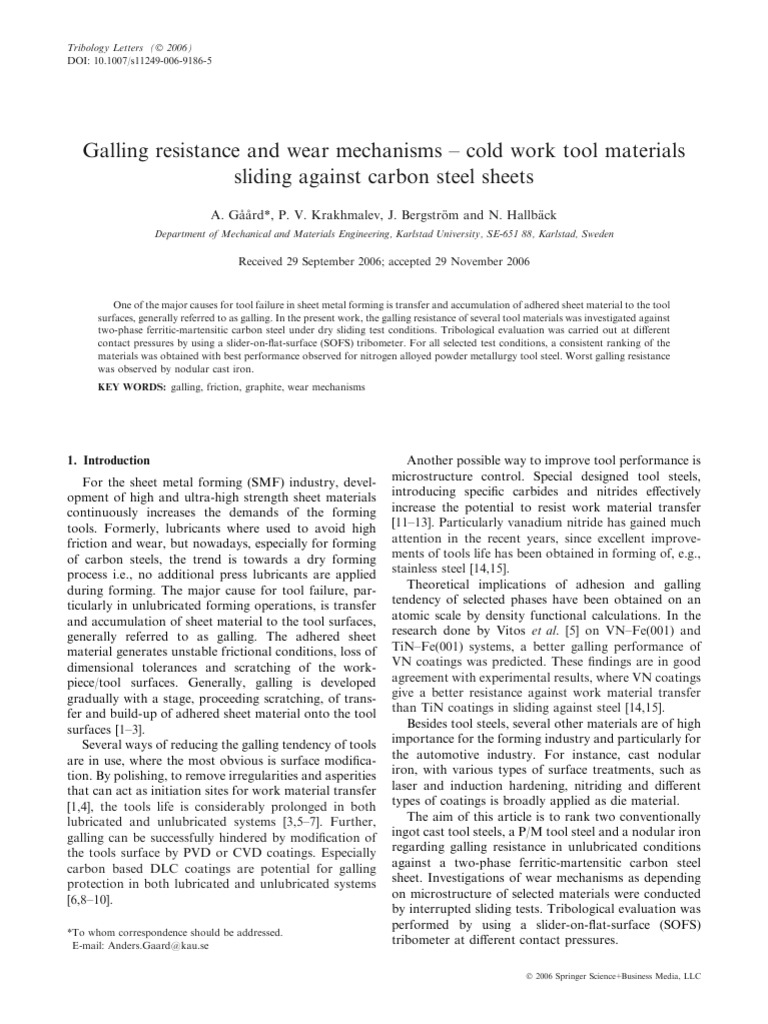 Galling Resistance and Wear Mechanisms - Cold Work Tool Materials ...