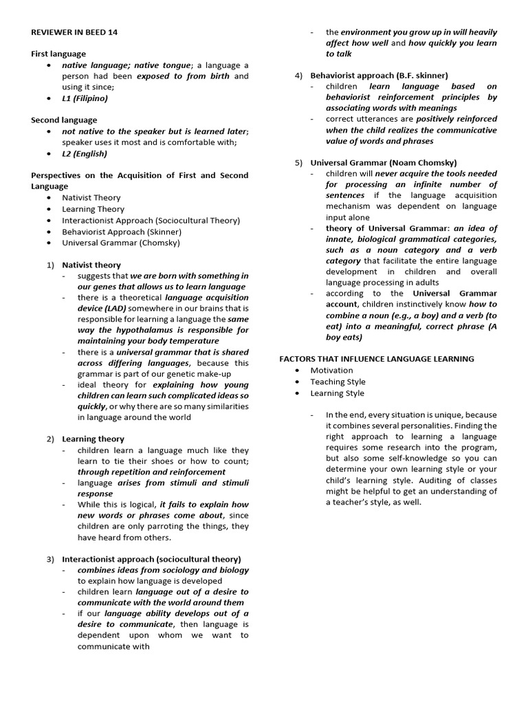 Reviewer in Beed 14 | PDF | Language Acquisition | Second Language