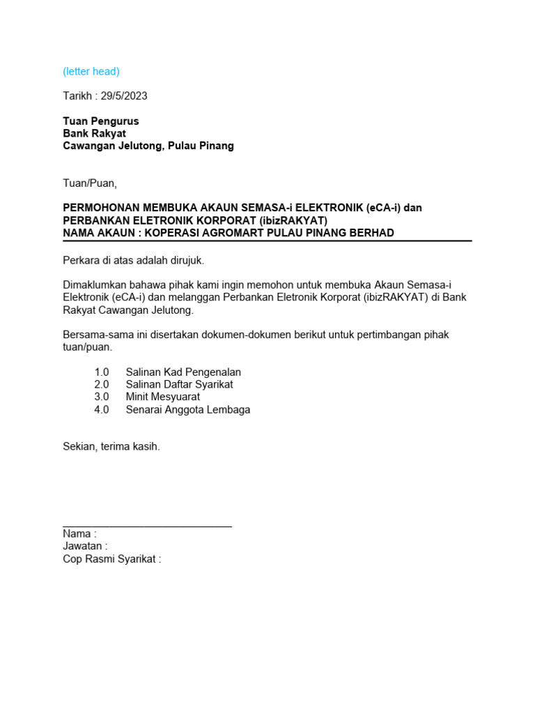 Surat Permohonan Pembukaan Akaun Semasa Korporat | PDF