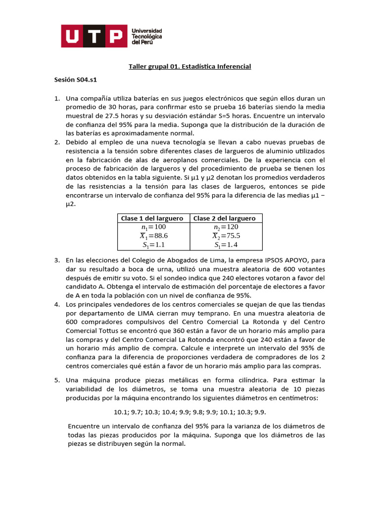 S04.s1Taller N 1 Ejercicios de Distribucion Muestral e IC-1 | PDF | Intervalo de confianza ...