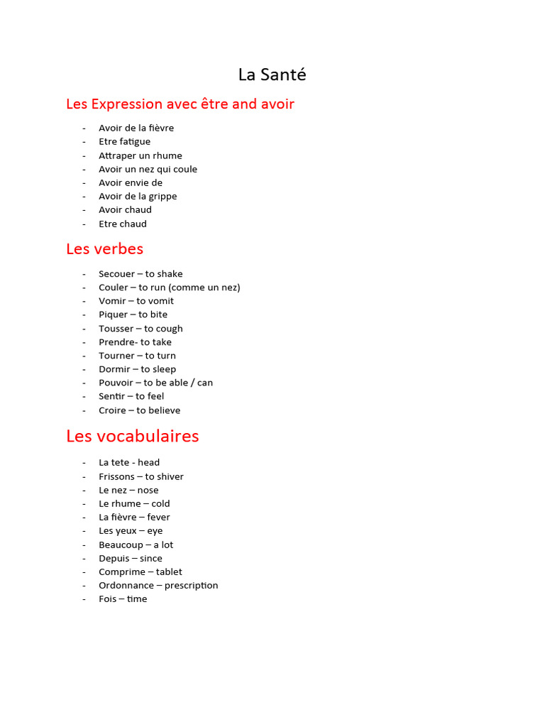 La Santé - Worksheet Notes | PDF