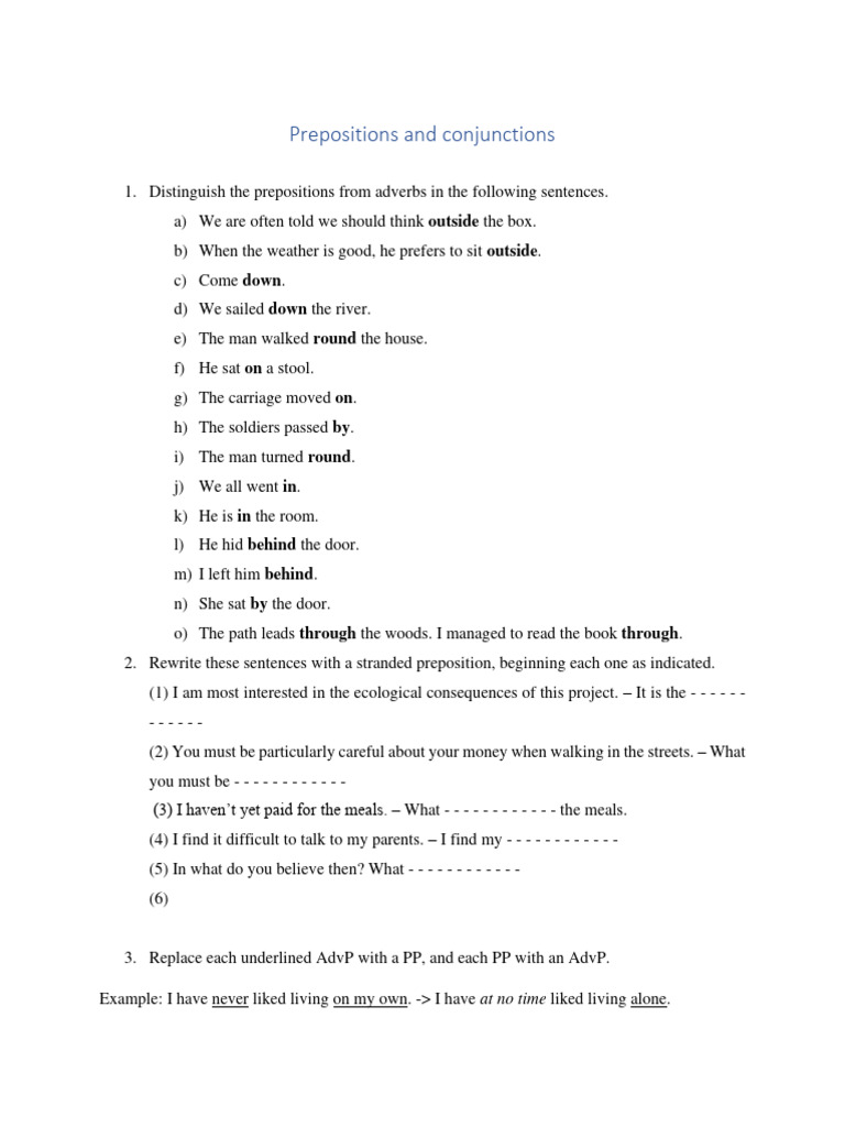 Prepositions and Conjunctions Exercises | PDF | Phrase | Preposition ...