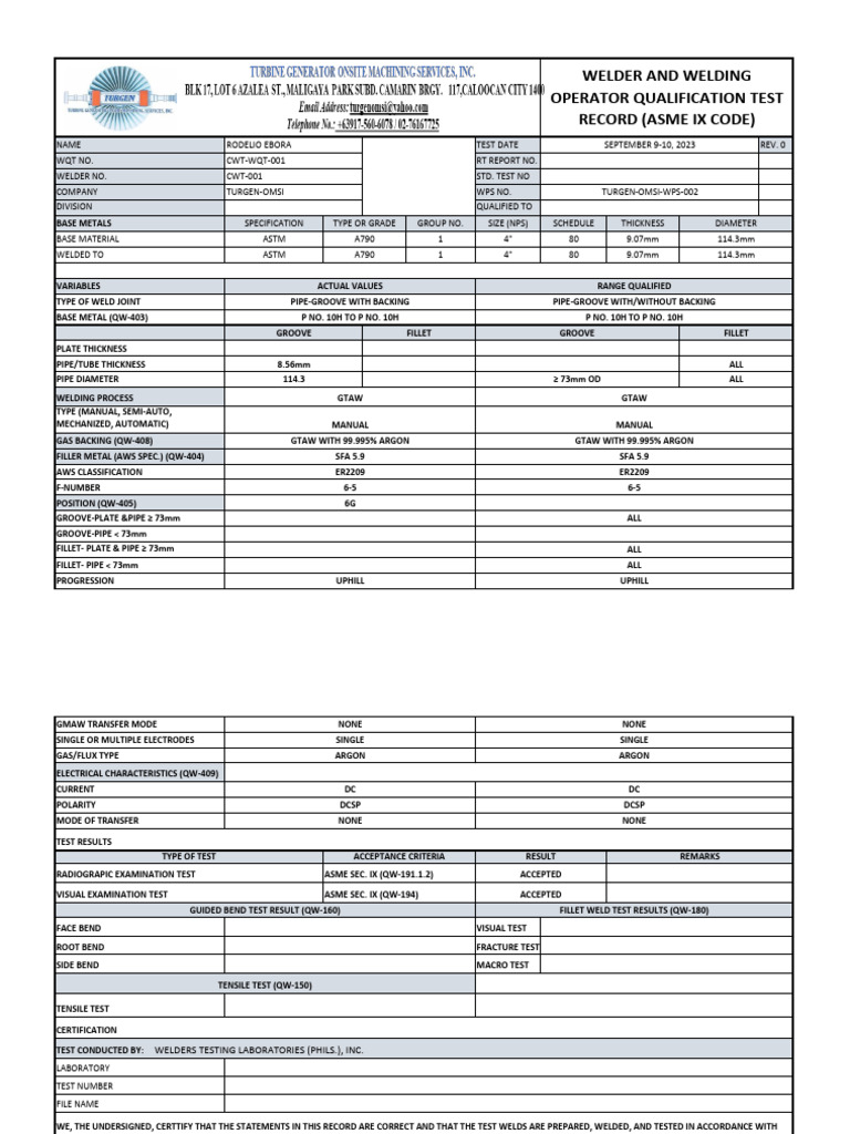 Welder and Welding Operator Qualification Test Record (Asme Ix Code ...