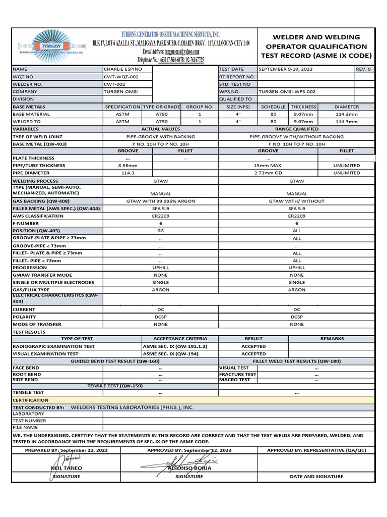 Welder and Welding Operator Qualification Test Record (Asme Ix Code ...