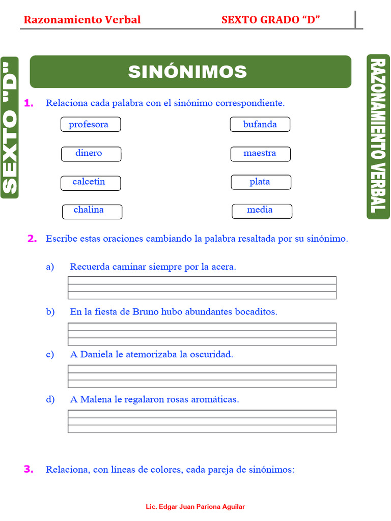 Sinónimos para Sexto Grado: Actividades | PDF