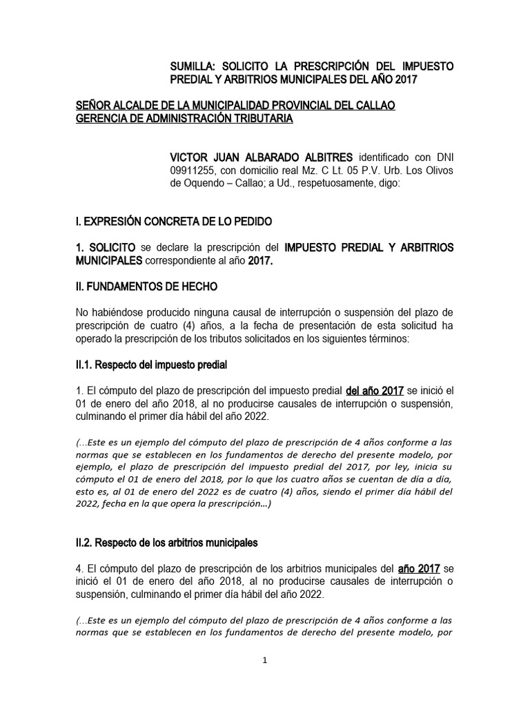 Solicitud de Prescripcion Victor Juan Albarado Albitres | PDF | Estatuto de limitaciones | Ley ...