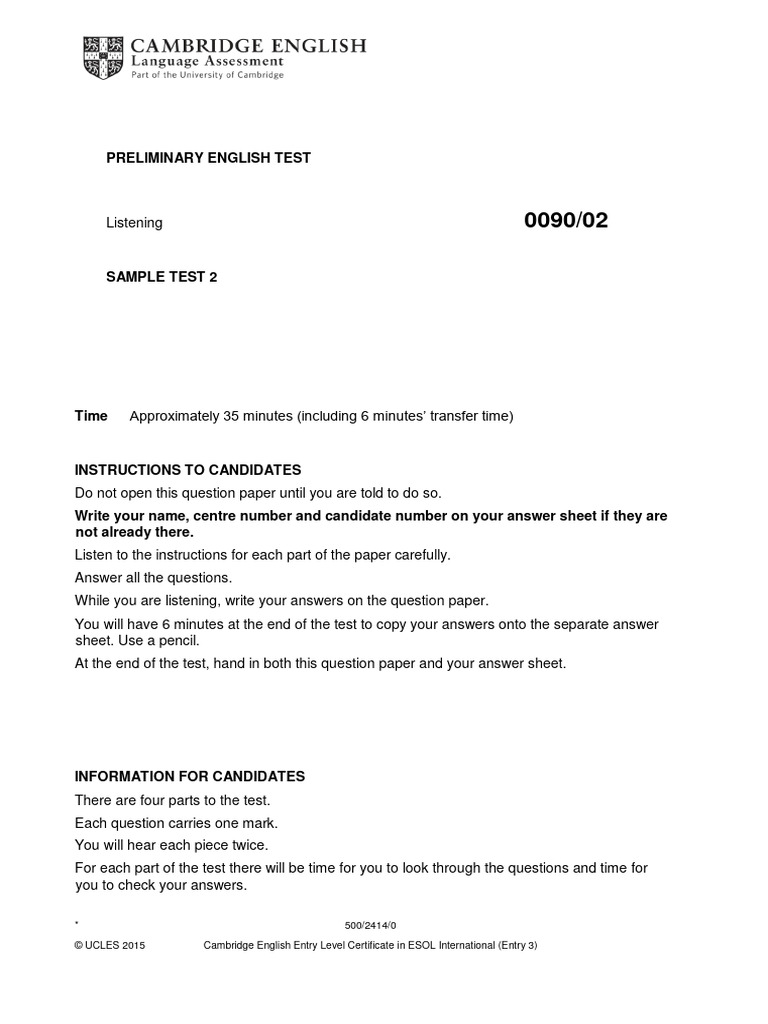 Pet Sample Test 2 Listening 2020 | PDF