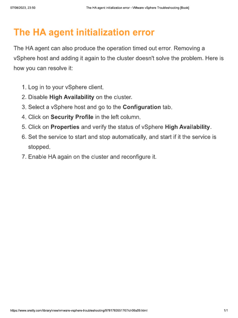 The HA Agent Initialization Error - VMware VSphere Troubleshooting [Book] | PDF