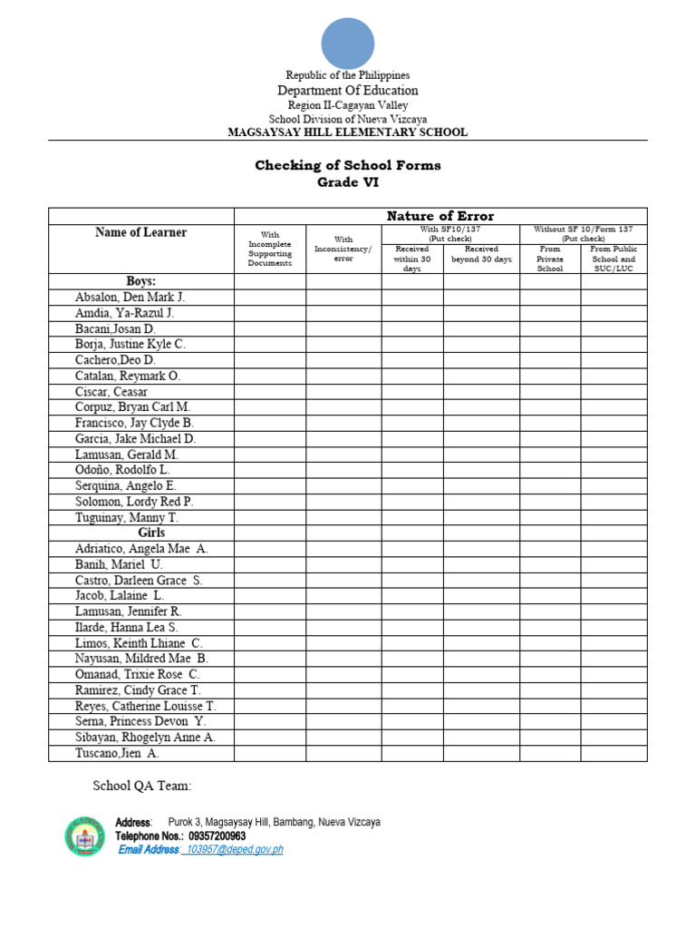 Grade VI School Form Errors | PDF
