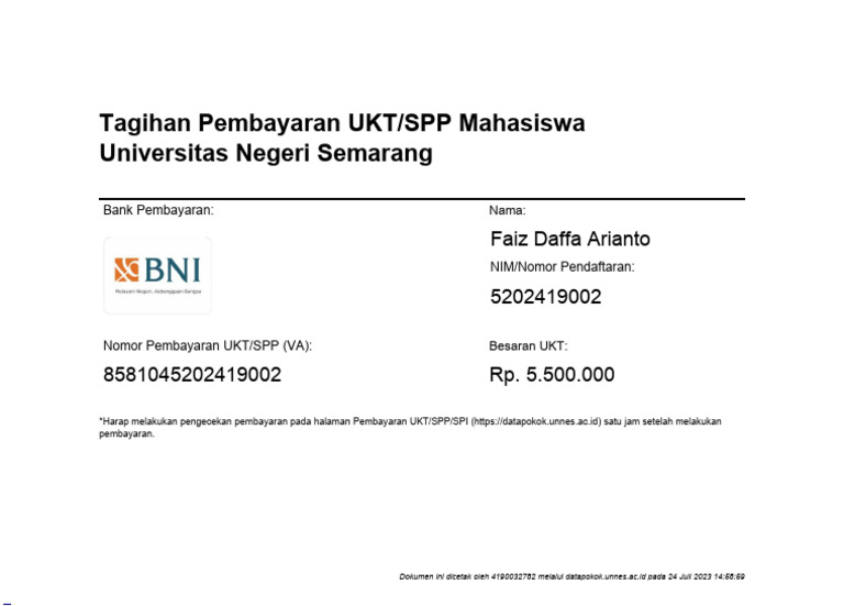 Tagihan Pembayaran UKT/SPP Mahasiswa Universitas Negeri Semarang | PDF