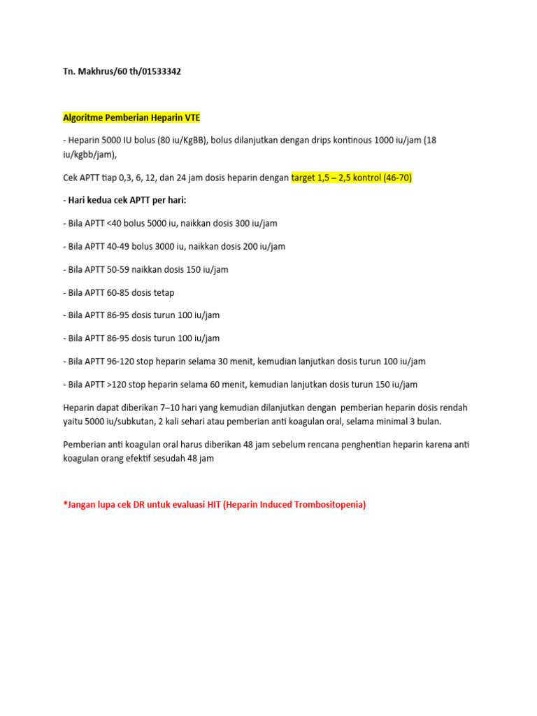 Algoritme Drip Heparin VTE | PDF