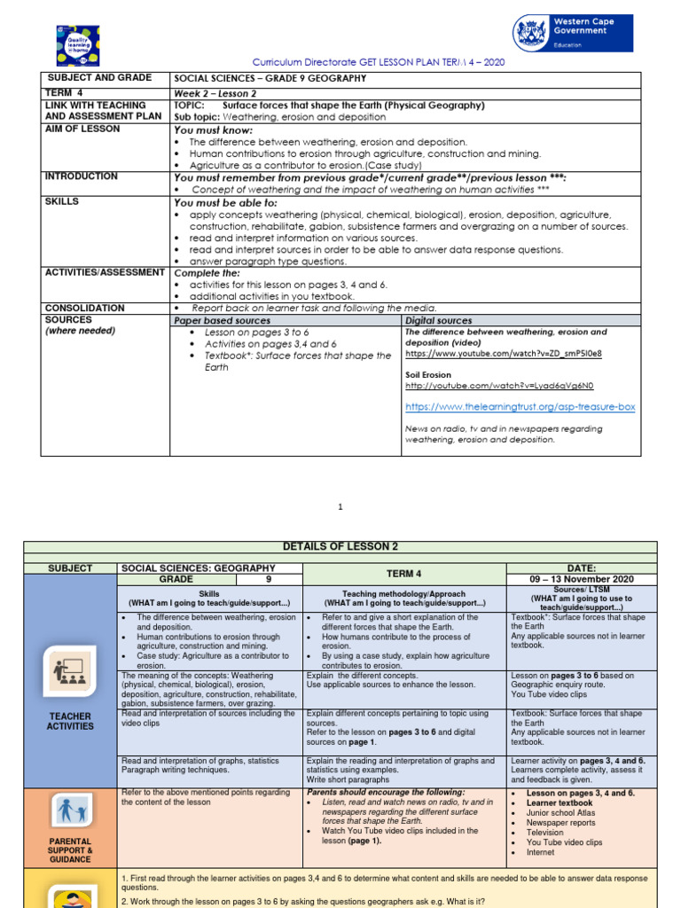 Lesson Plan Grade 9 SS Geography T4 W2 | PDF | Erosion | Soil