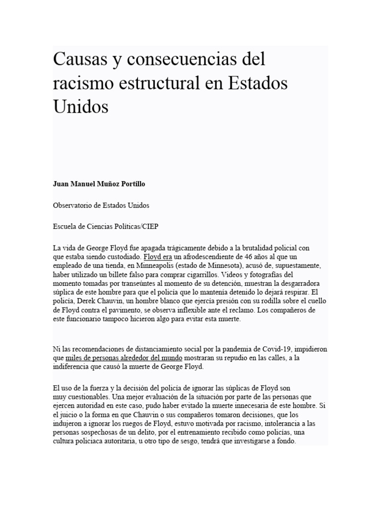 Causas y Consecuencias Del Racismo Estructural en Estados Unidos | PDF ...