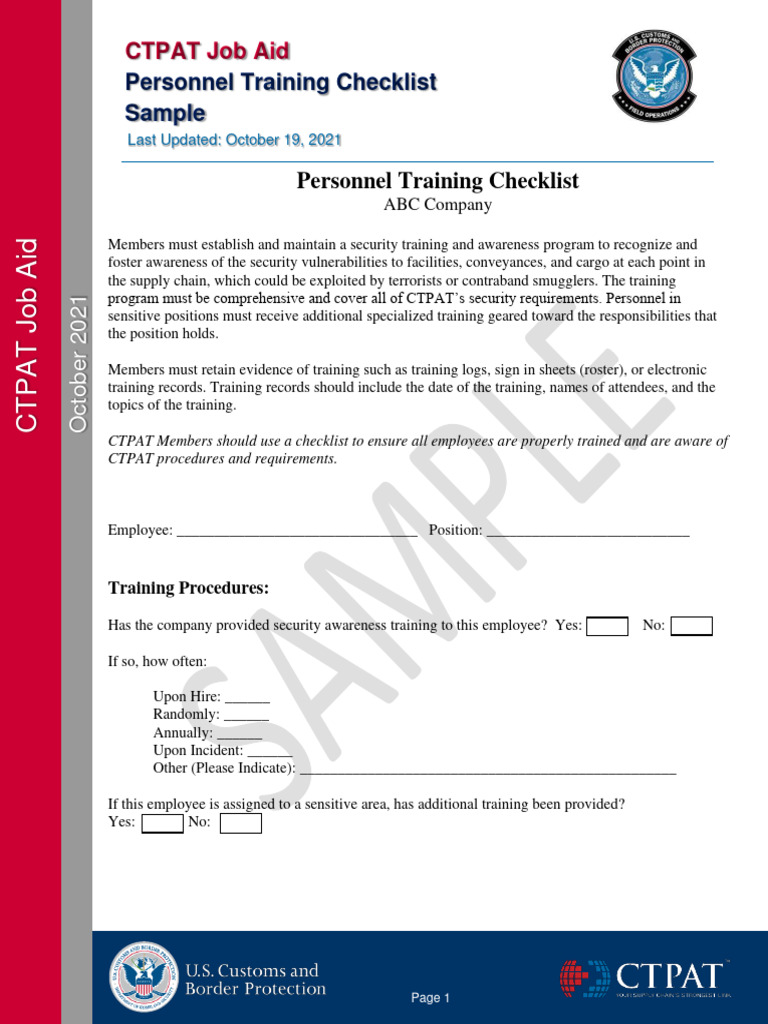 CTPAT Job Aid - Personnel Training Checklist Sample - October 2021 | PDF | Employment | Money ...
