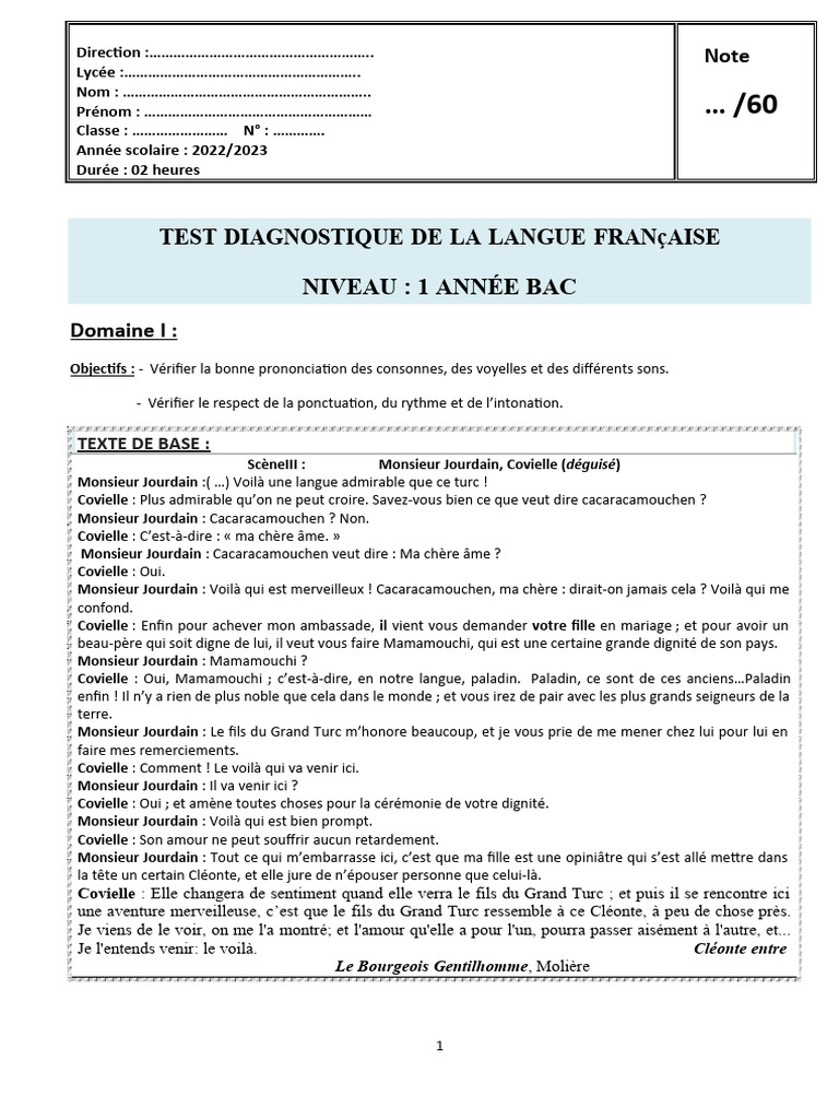 Eval Diagnostique 1bac | PDF | Linguistique