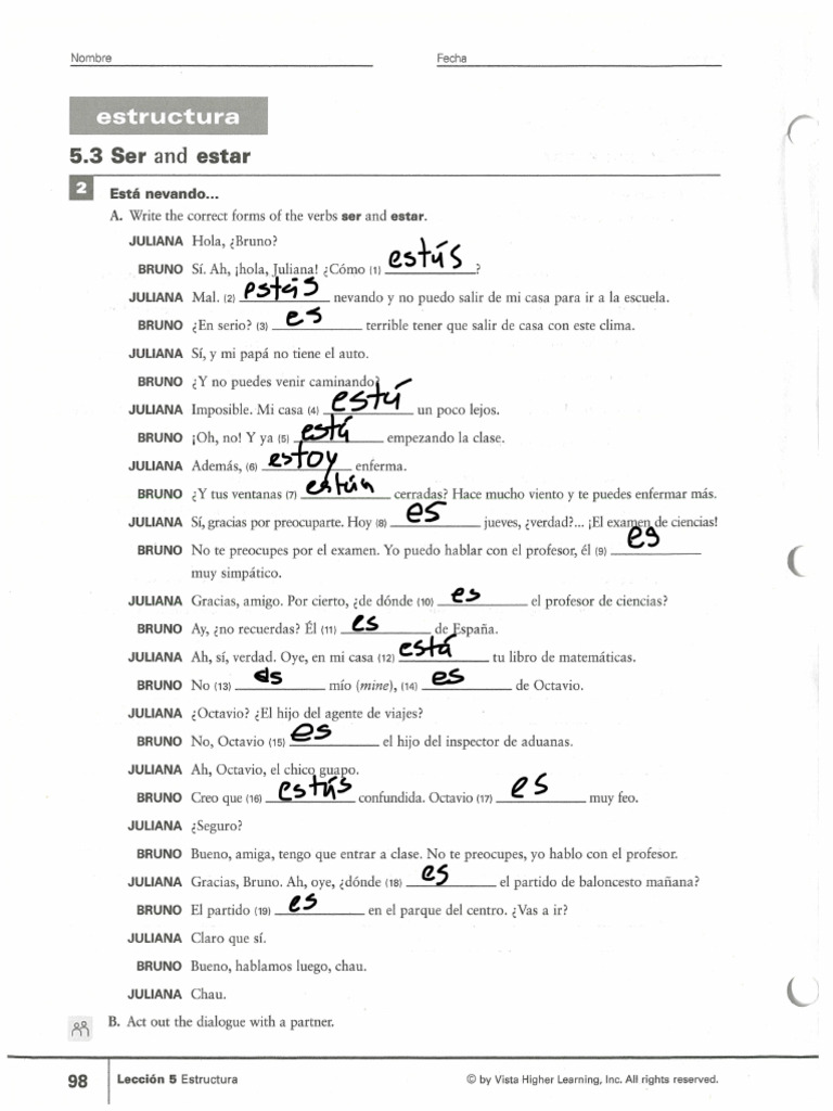 Senderos Lesson 5 Ser Vs Estar Page 98 | PDF