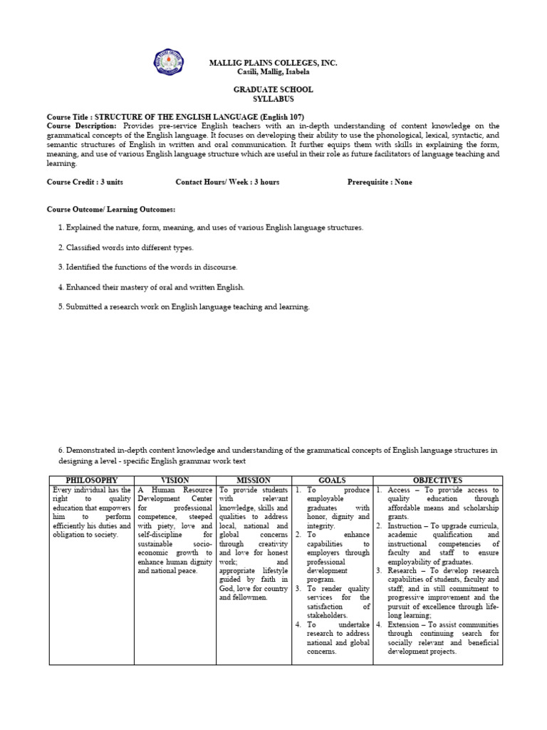 Syllabus Structure of English Language | PDF | English Language ...