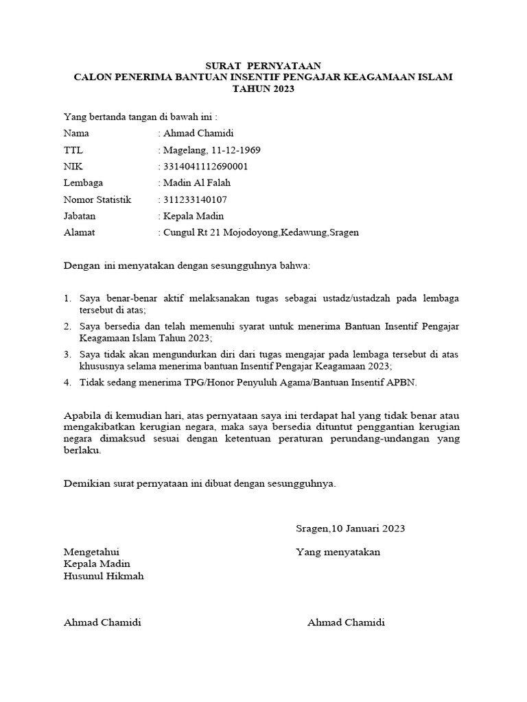 Surat Pernyataan Penerima Insentif 2023 | PDF | Ilmu Sosial