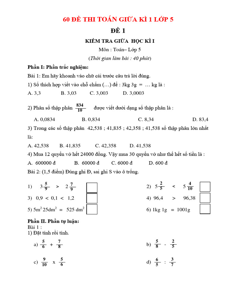 60 ĐỀ GK1 TOÁN LỚP 5 | PDF