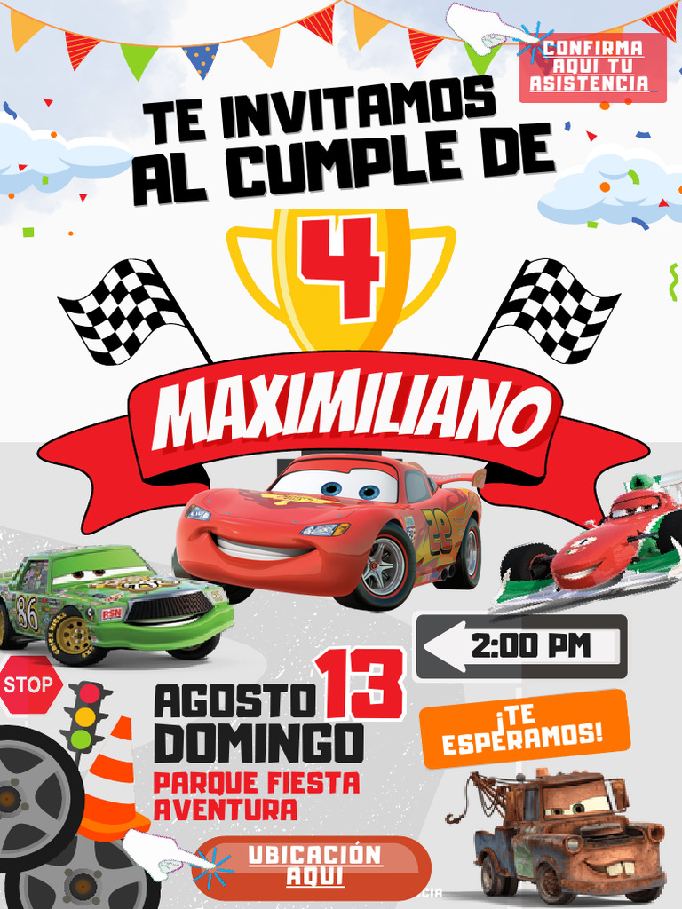 Tarjeta de Invitación Cumpleaños Carros Niño | PDF