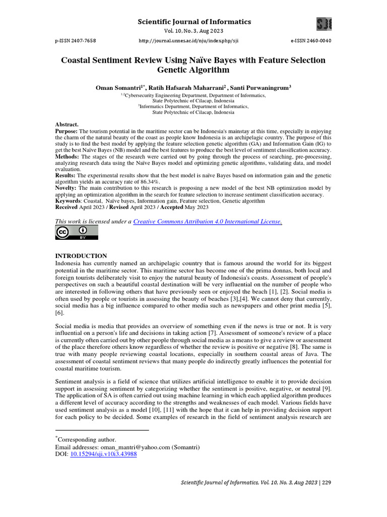 Coastal Sentiment Review Using Naïve Bayes With Feature Selection Genetic Algorithm | PDF ...
