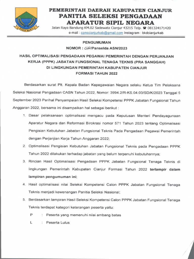 Pengumuman Hasil Optimalisasi Pra Sanggah PPPK Teknis 2022 | PDF