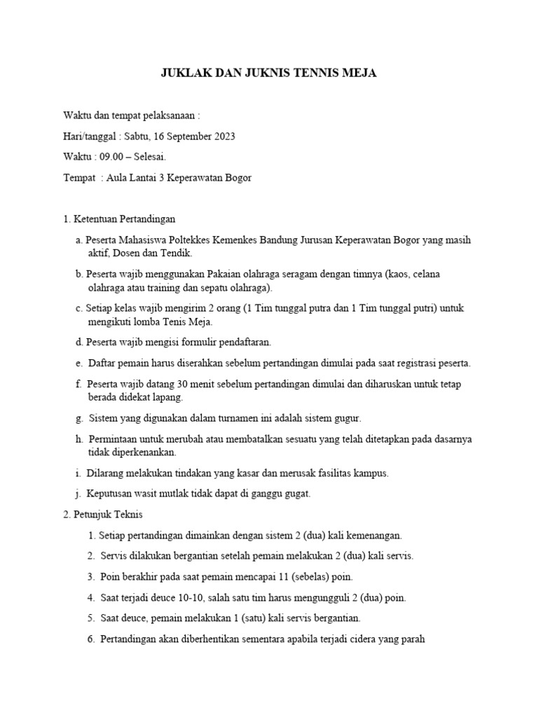 Juklak Dan Juknis Tennis Meja | PDF