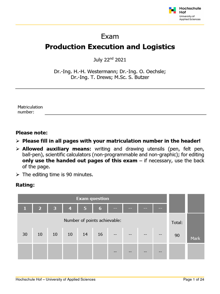 Exam Production Execution and Logistics SS2021 Final | PDF | Supply Chain | Supply Chain Management