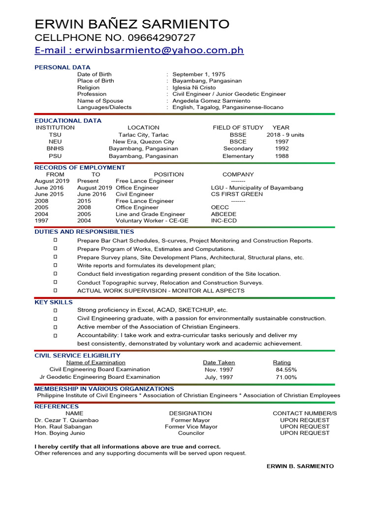 Resume of Erwinbanezsarmiento | PDF | Labor | Engineering