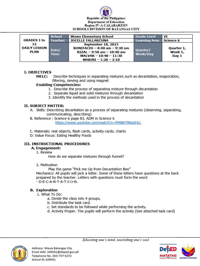 Grade 6 Science: Decantation Lesson | PDF | Evaporation | Water