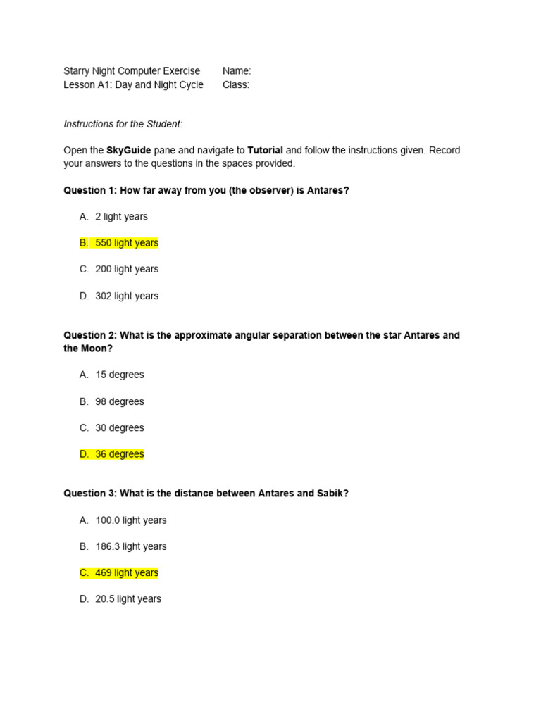 Astronomy Lesson: Day/Night Cycle Quiz | PDF | Travel