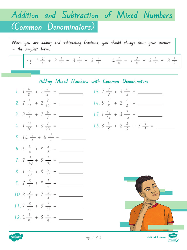 Adding And Subtracting Mixed Numbers Like Denominators Pdf