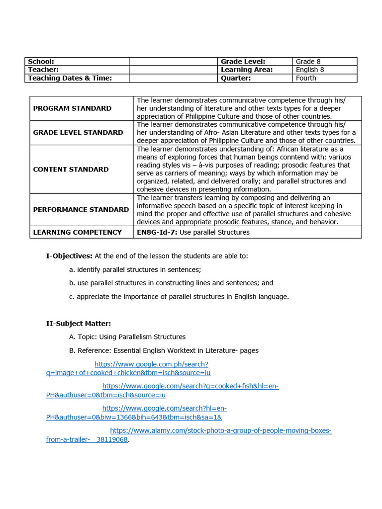 Parallelism Lesson Plan | PDF | Noun | Verb
