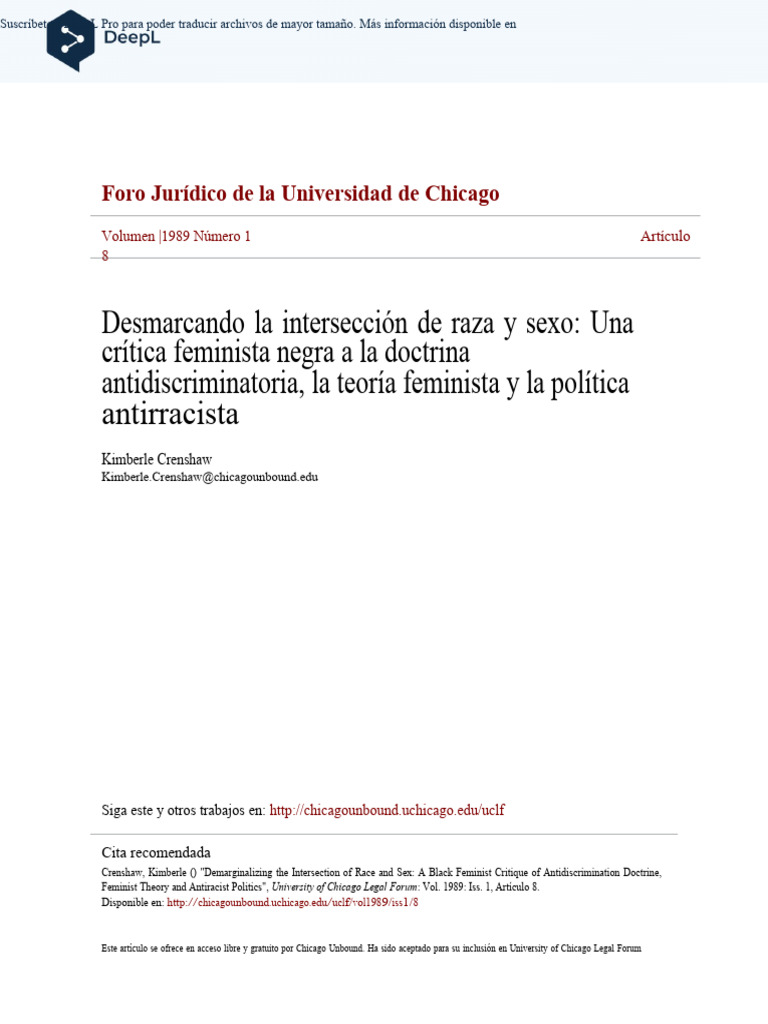 Demarginalizing The Intersection Of Race And Sex A Black Feminis Es Pdf Interseccionalidad