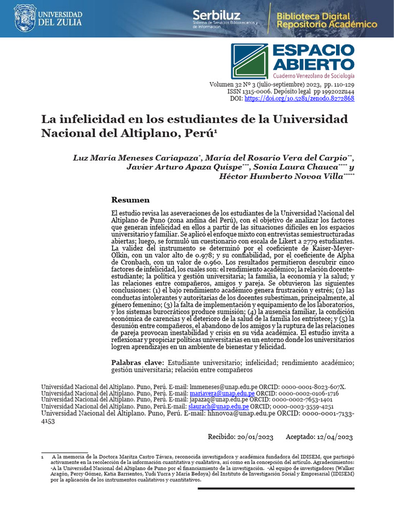 Infelicidad en los estudiantes de la Universidad Nacional del Altiplano ...
