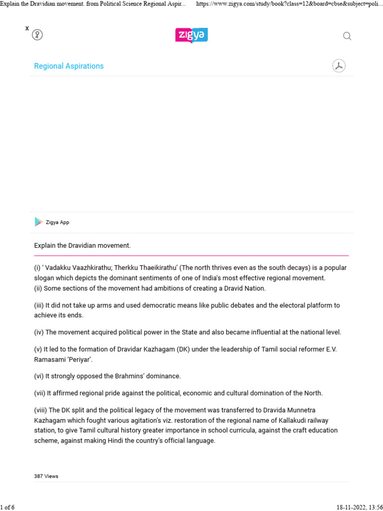 Explain The Dravidian Movement. From Political Science Regional ...