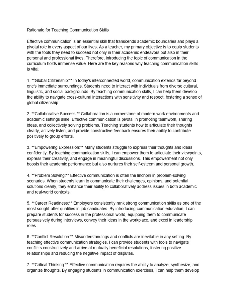 Rationale For Teaching Communication Skills | PDF | Communication | Thought