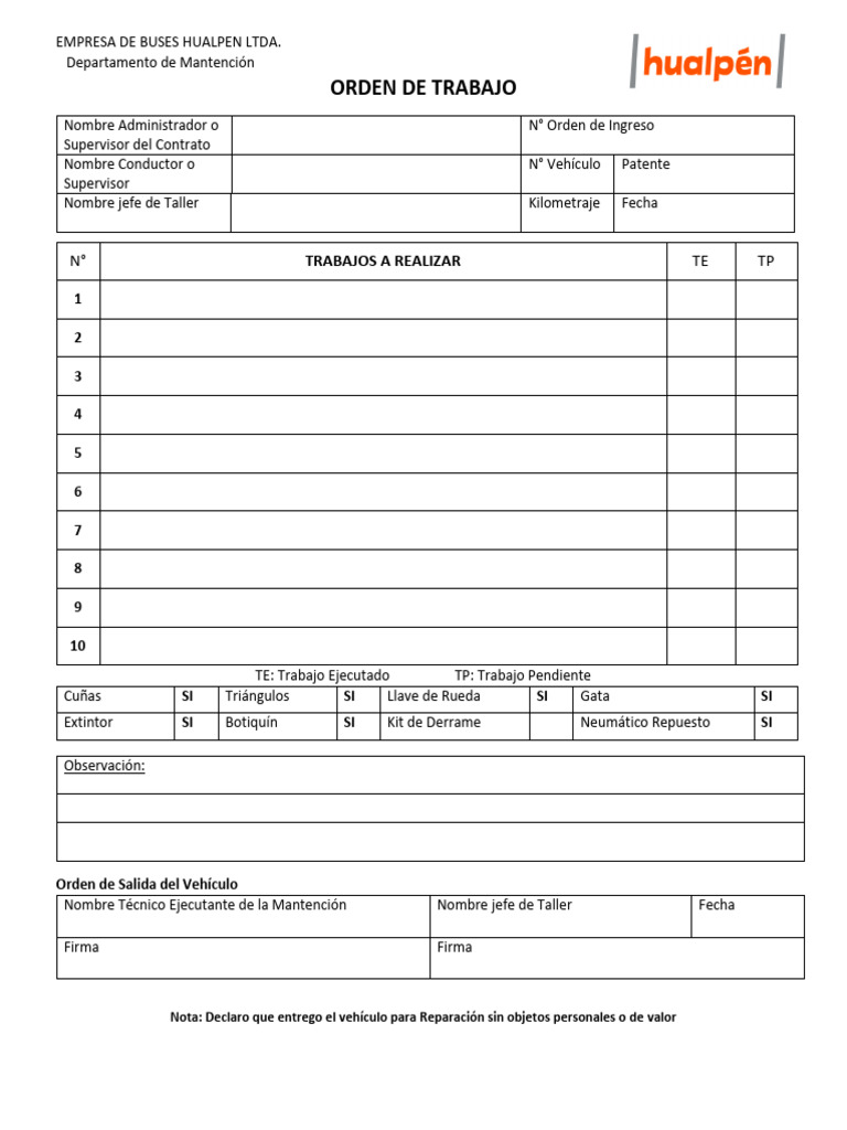 Orden de Trabajo - Formato Ot | PDF