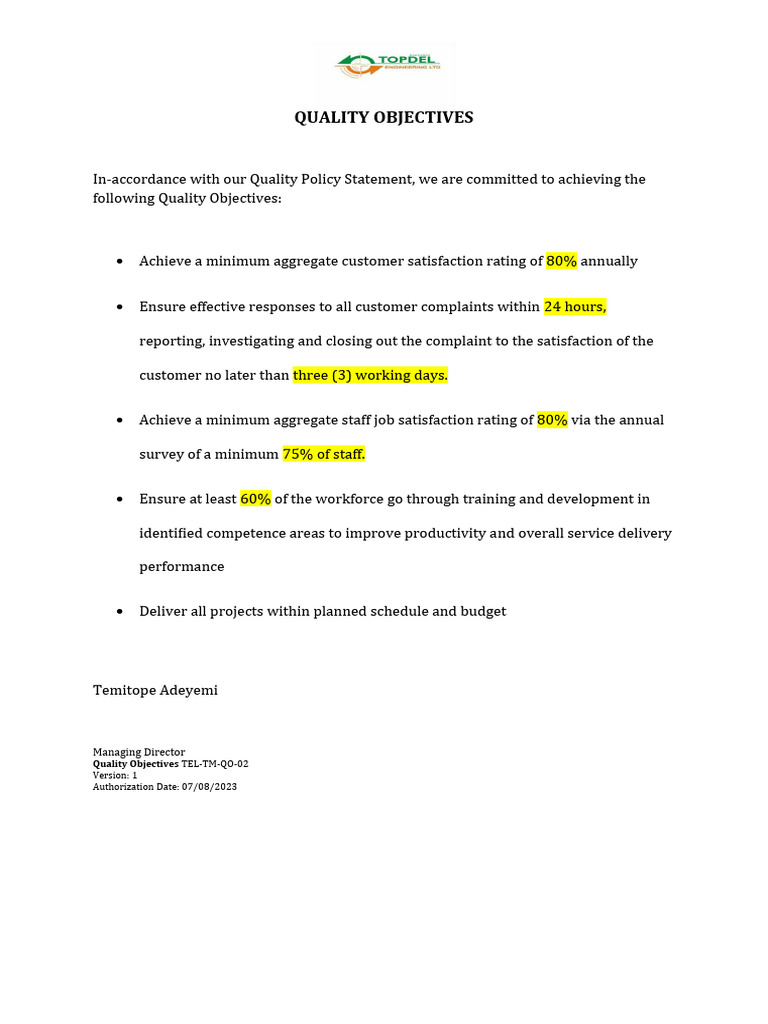 Tm-02 Quality Objectives | PDF