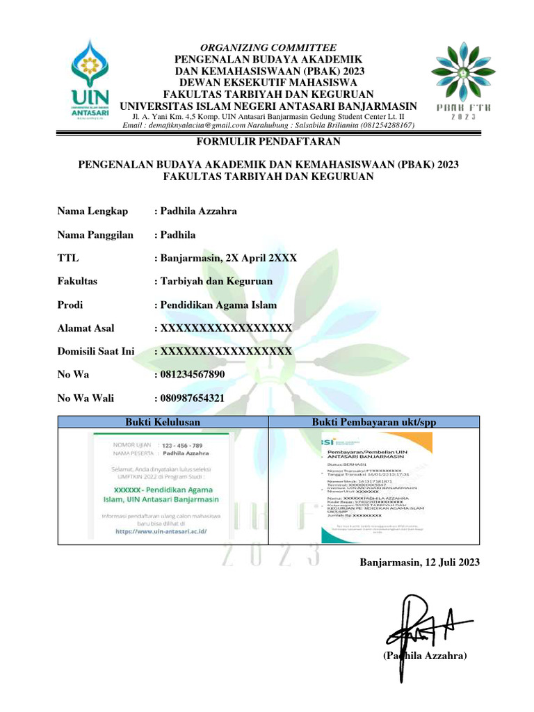 Contoh Formulir PBAK 2023 | PDF