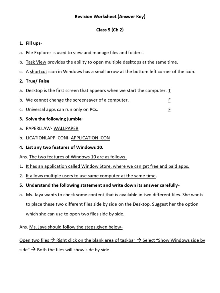 Class 5 Windows 10 Revision Worksheet | PDF