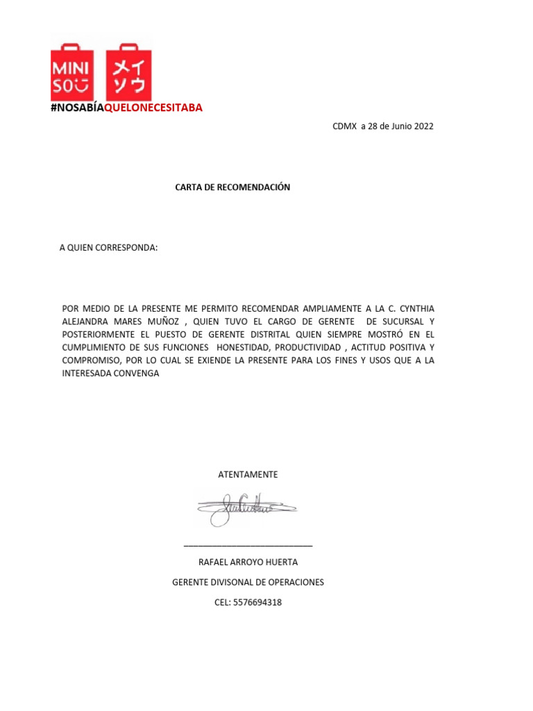 Carta Recomendacion Miniso | PDF