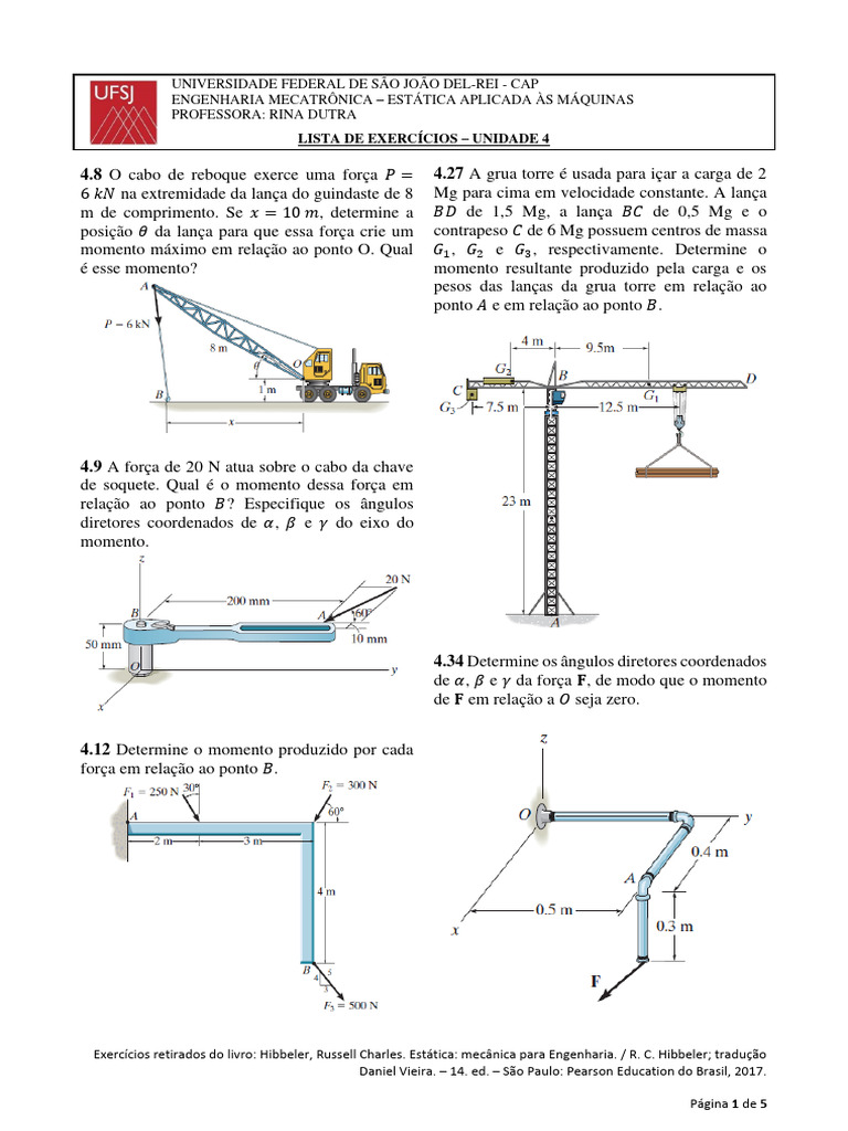 Lista de Exercícios - Unidade 4 | PDF | Torque | Mecânica