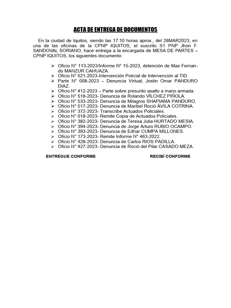 Acta de Entrega de Documentos PNP | PDF